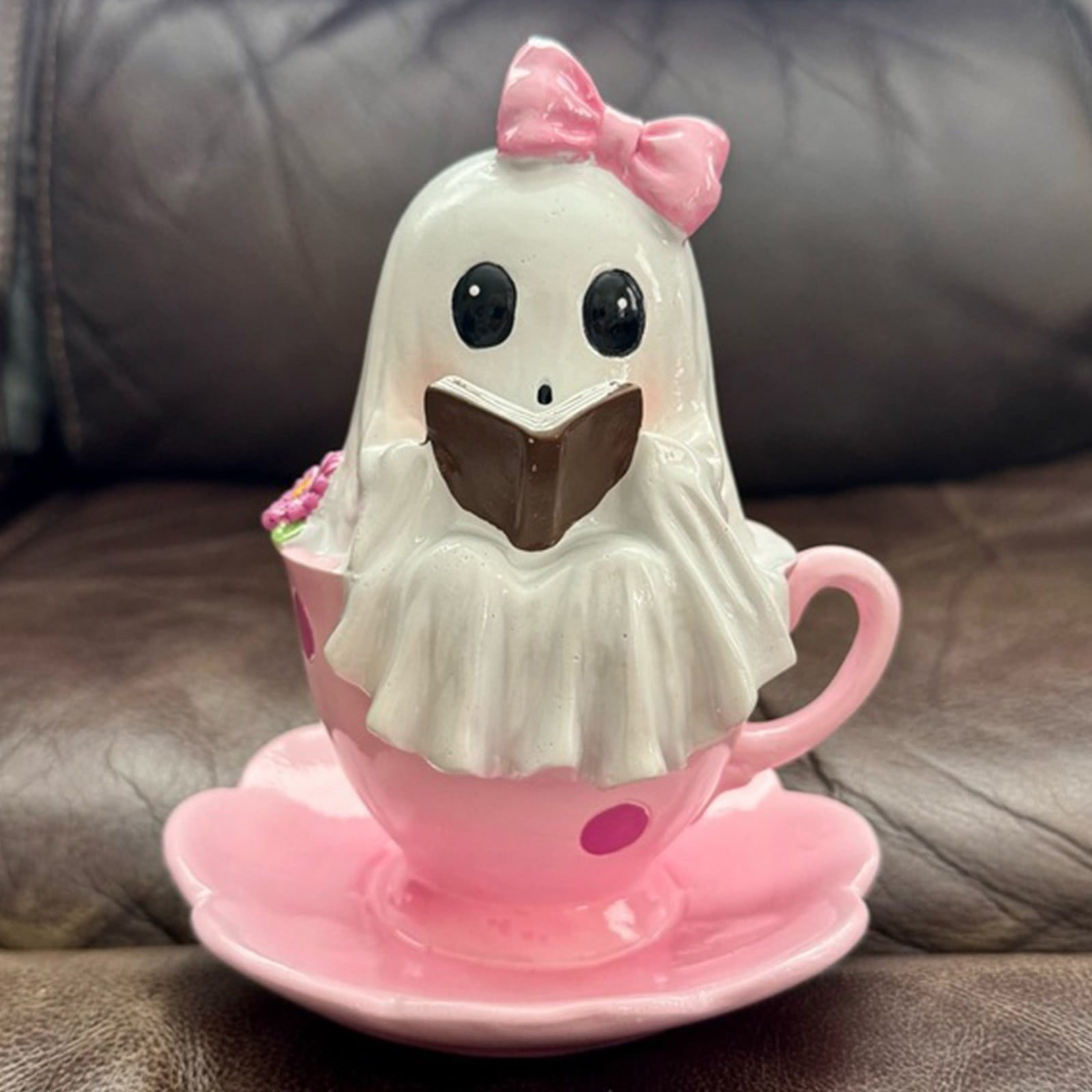 Ghost Reading Book Statue, Ghost with Pink Bow, Halloween Ghost ...
