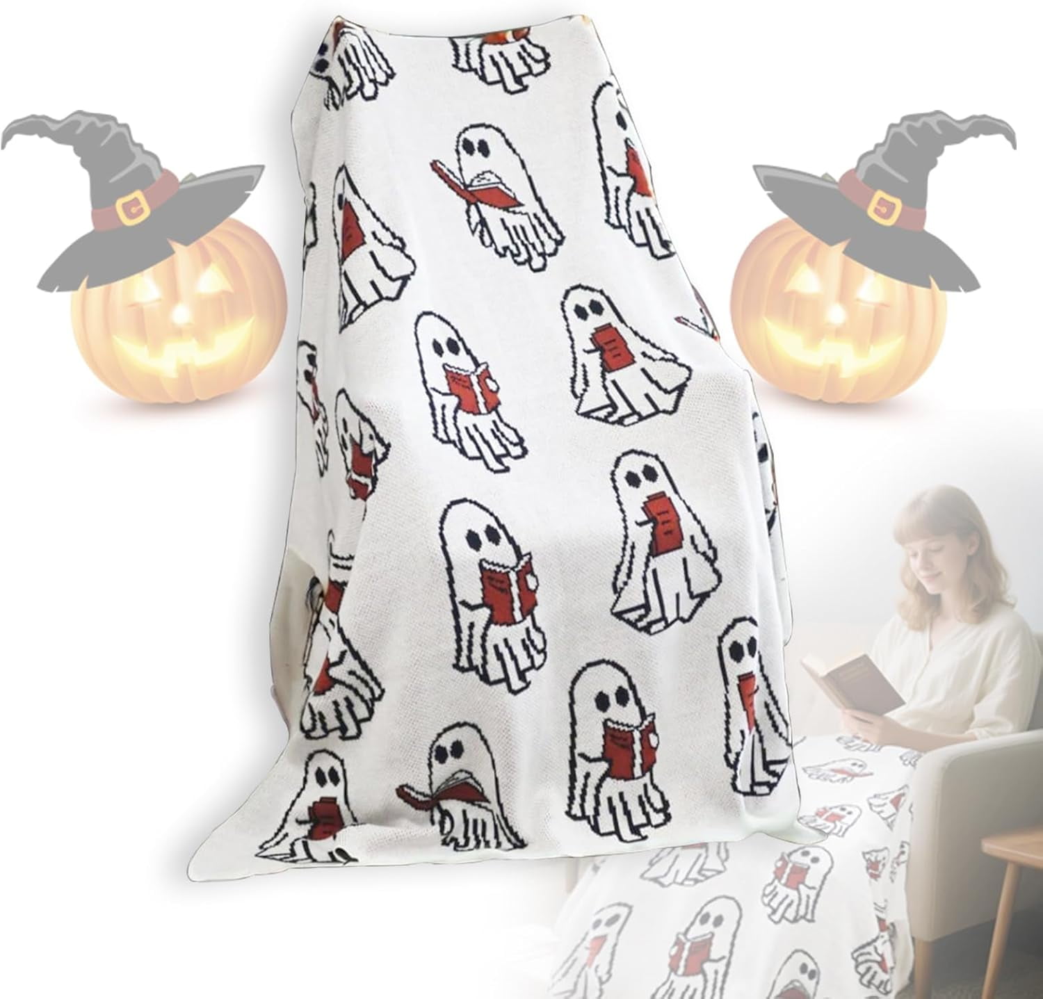 Ghost Reading Books Blanket, 2025 New Halloween Ghost Reading a Book ...