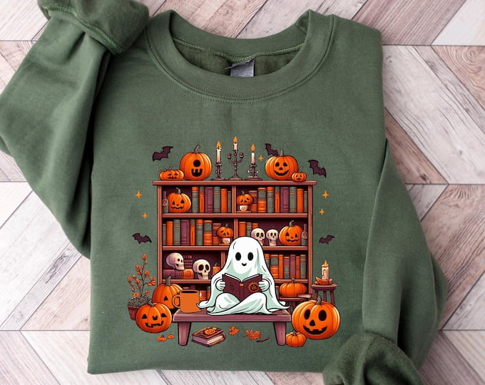 Ghost Reading Books Sweatshirt, Librarian Ghost , Teacher Sweatshirt ...