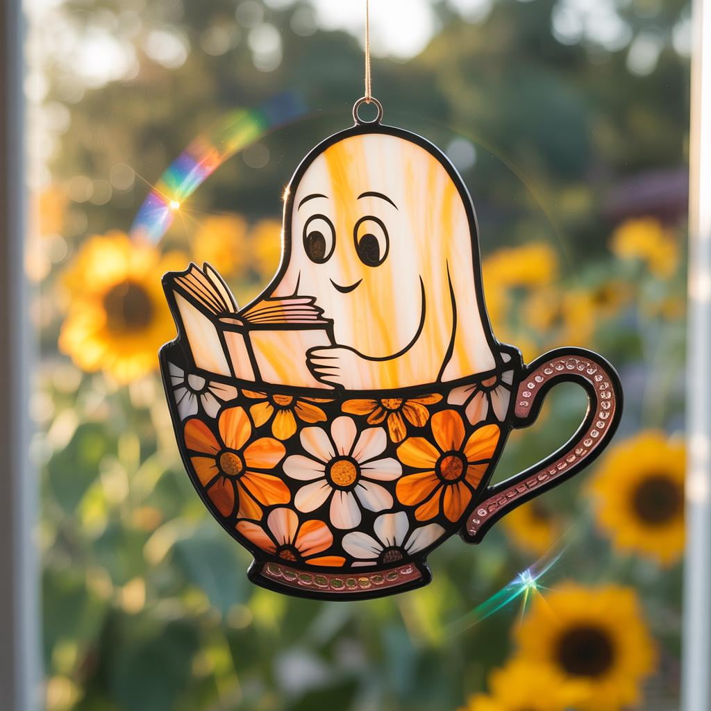 Ghost Reading in Teacup Suncatcher, Fall Floral Stained Glass Ghost ...