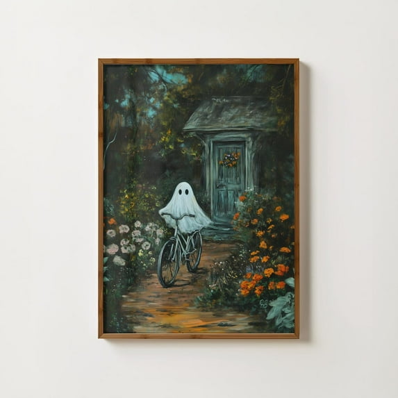 Ghost Riding Bike Print Retro Ghost Wildflower Ghost Print Floral Decor Spooky Wall Art Dark ...