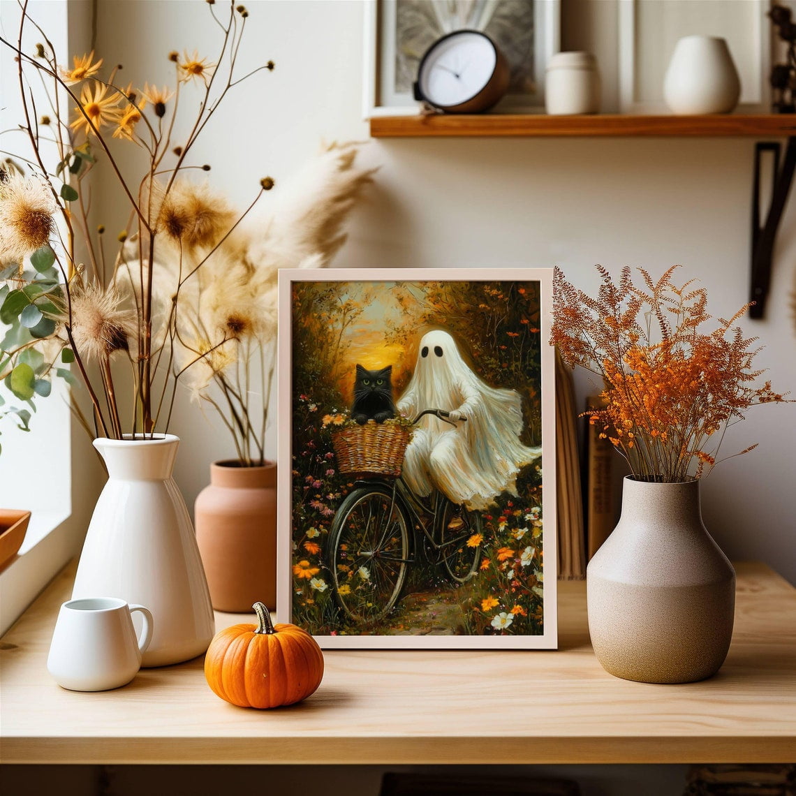 Ghost Riding Bike With Cat In Wildflowers Poster, Spooky Black Cat Lover Art, Whimsigoth Home ...