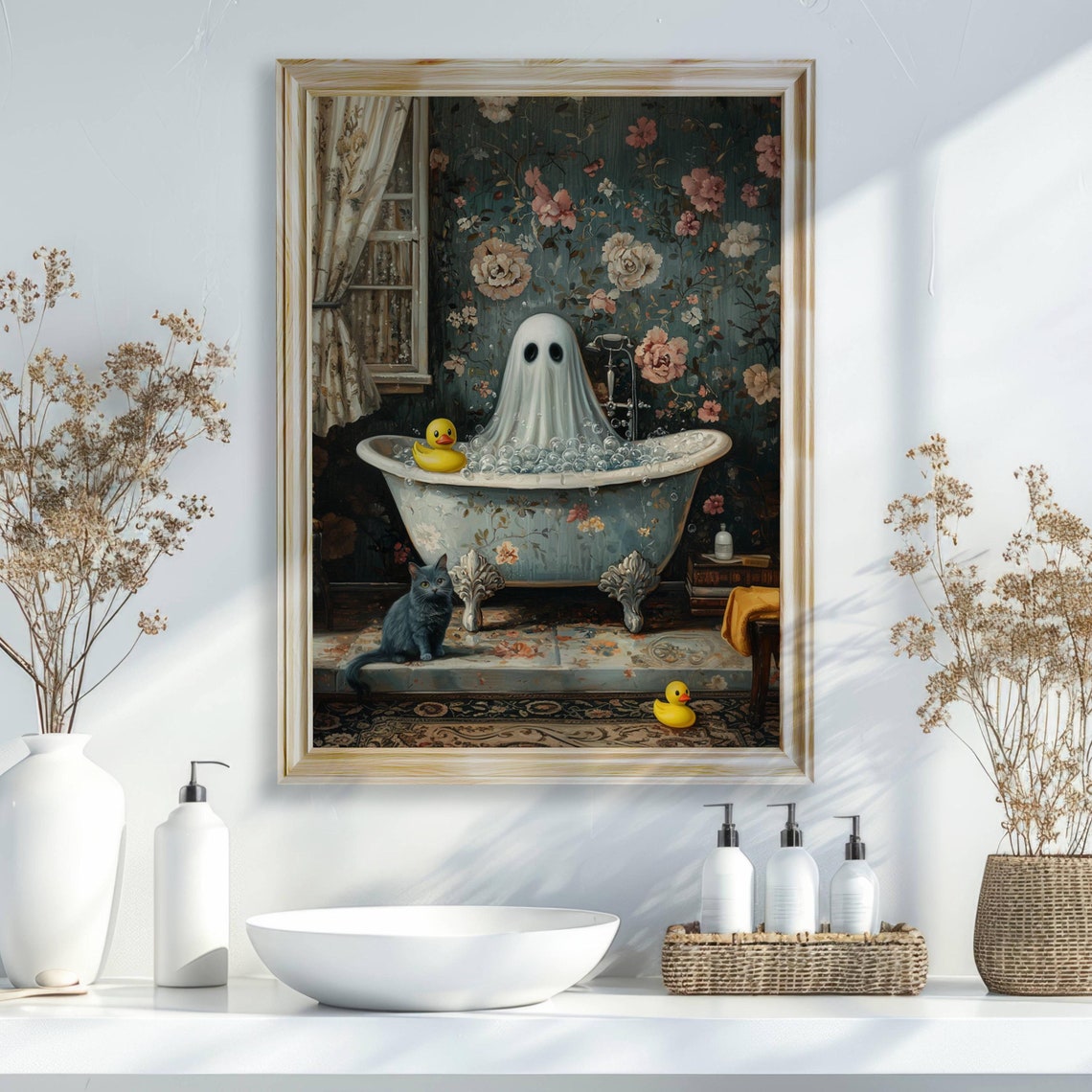 Ghost with Rubber Duck in Bathtub Poster, Feline Floral Bubble Bath Art ...