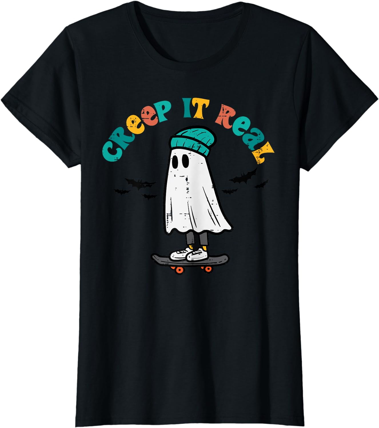 Ghost Skateboard Creep It Real Retro Halloween Skater Boys T-Shirt ...