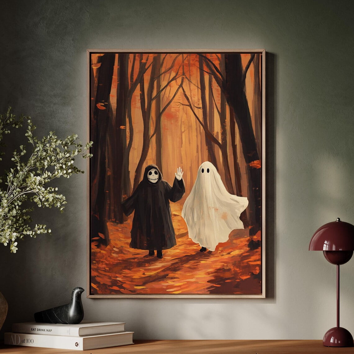 Ghost And Skeleton Friends In Autumn Forest – Stroll Art Print – Fall ...