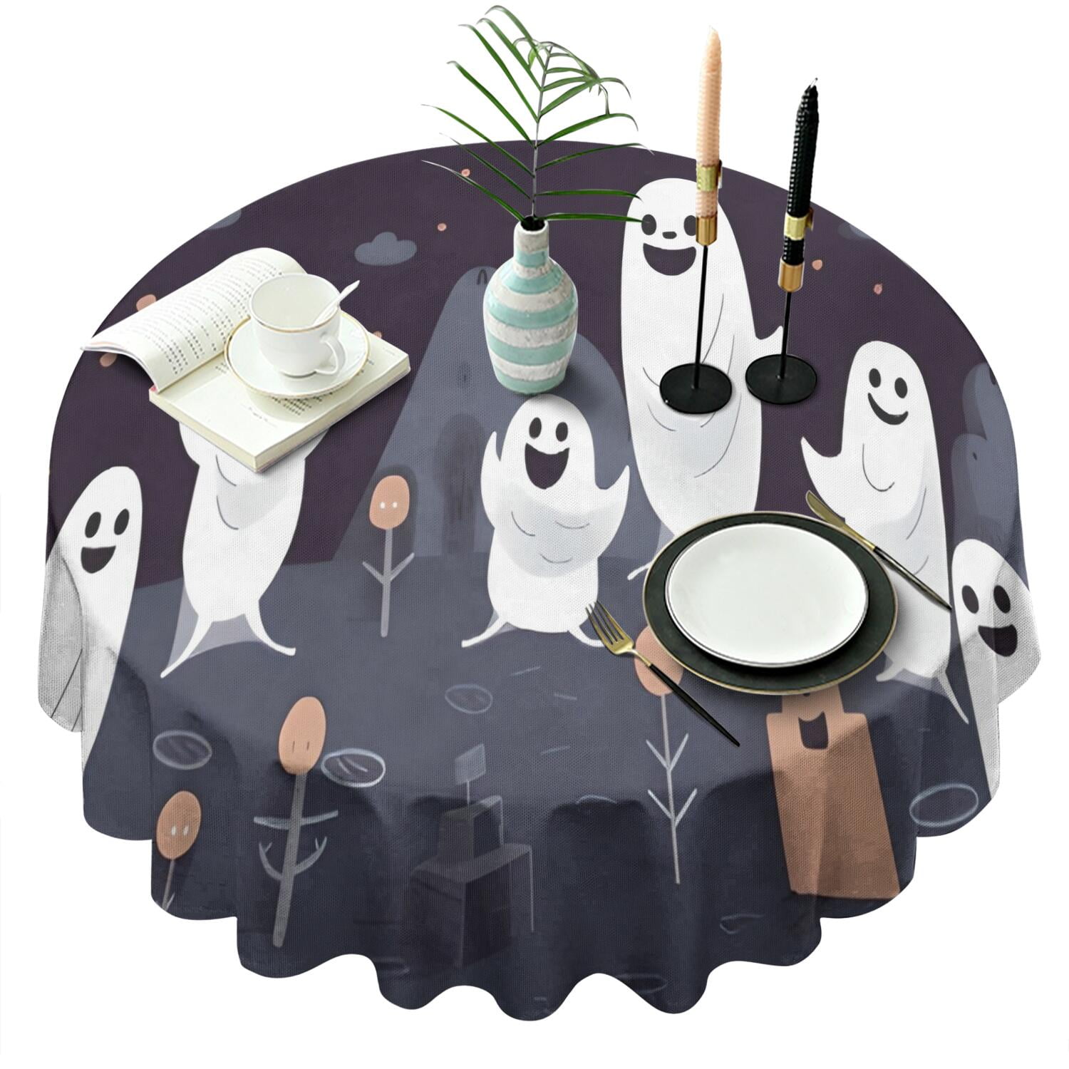 Ghost Town Halloween Pattern Round Tablecloth 60"x60",Wrinkle Wipeable ...