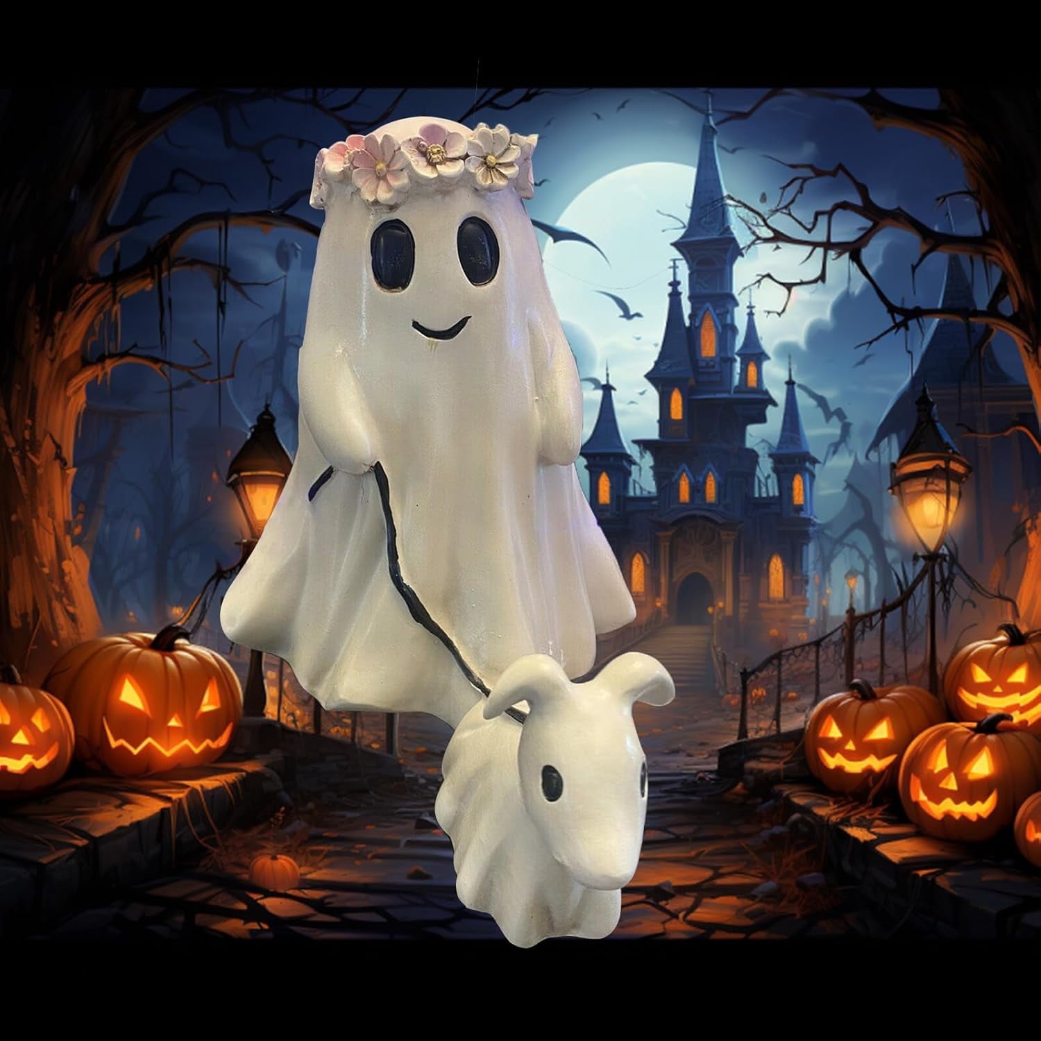 Ghost Walking Dog Statue, 2025 Halloween Ghost Dog Statue, Spooky Ghost ...
