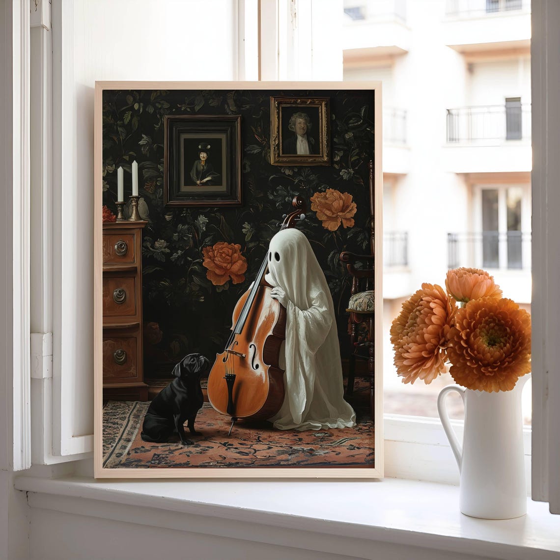 Ghost With Cello And Black Pug Poster, Gothic Music Room Decor ...