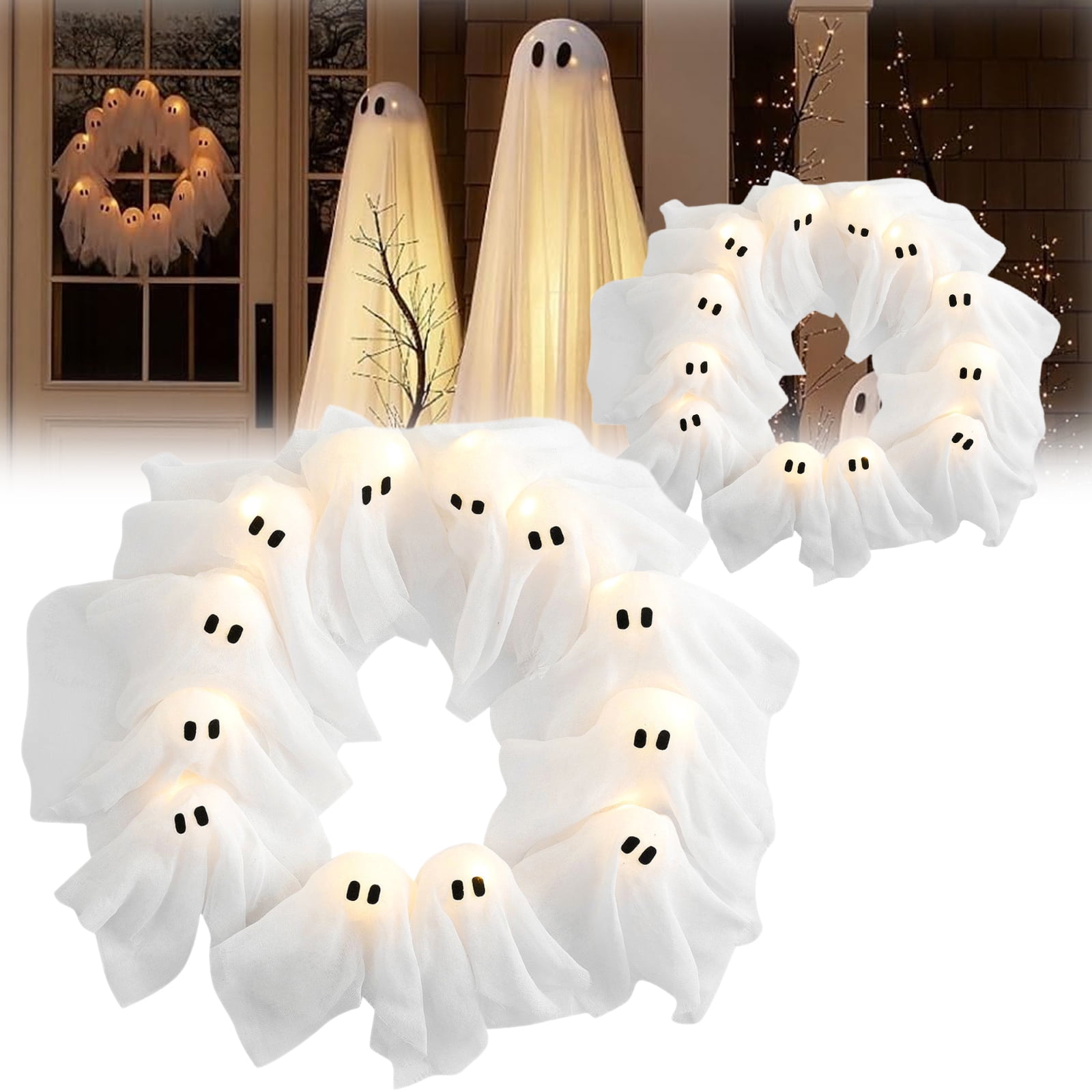 Ghost Wreath for Door Halloween Spooky Decoration with 12 Light-Up White Ghosts - Walmart.com