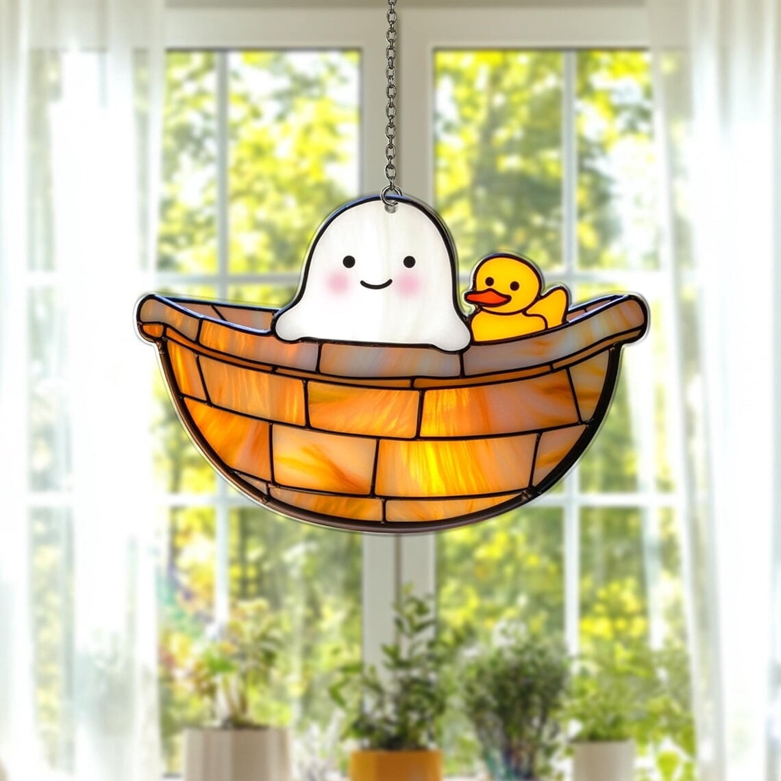 Ghost and Duck Acrylic Suncatcher, Cute Halloween Ghost in Bathtub ...
