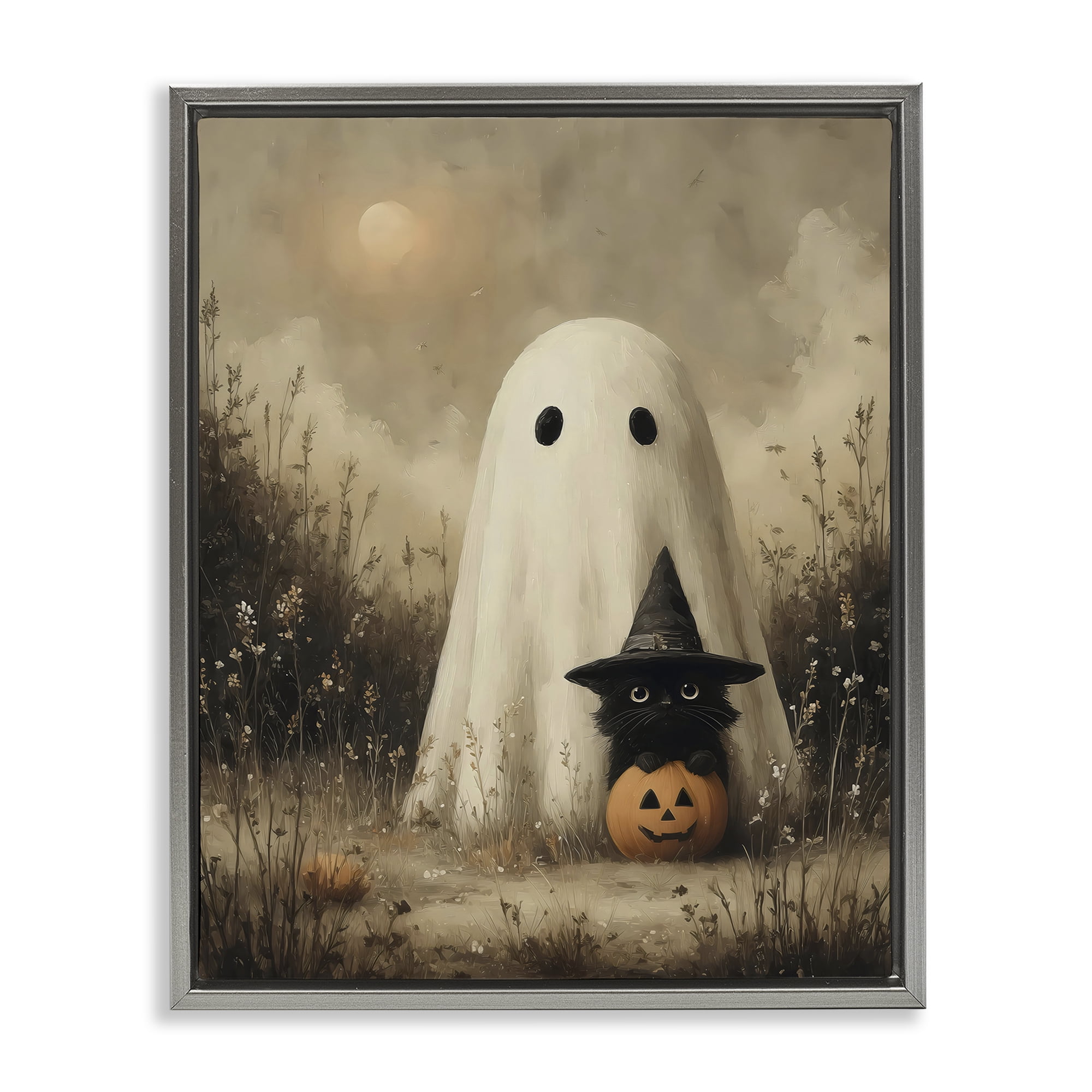 Ghost with Black Kitten Gray Framed Floater Canvas Wall Art, design by ...