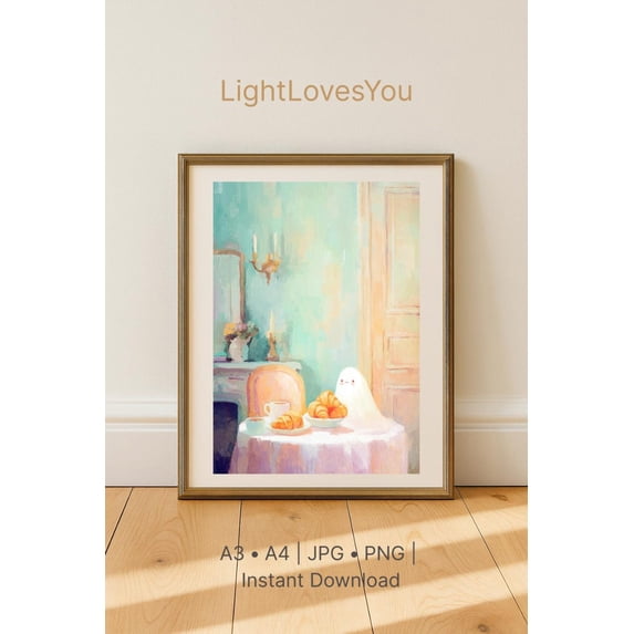 Ghost with Croissant Print: Whimsical Kitchen Art, Unframed Paper Print ...