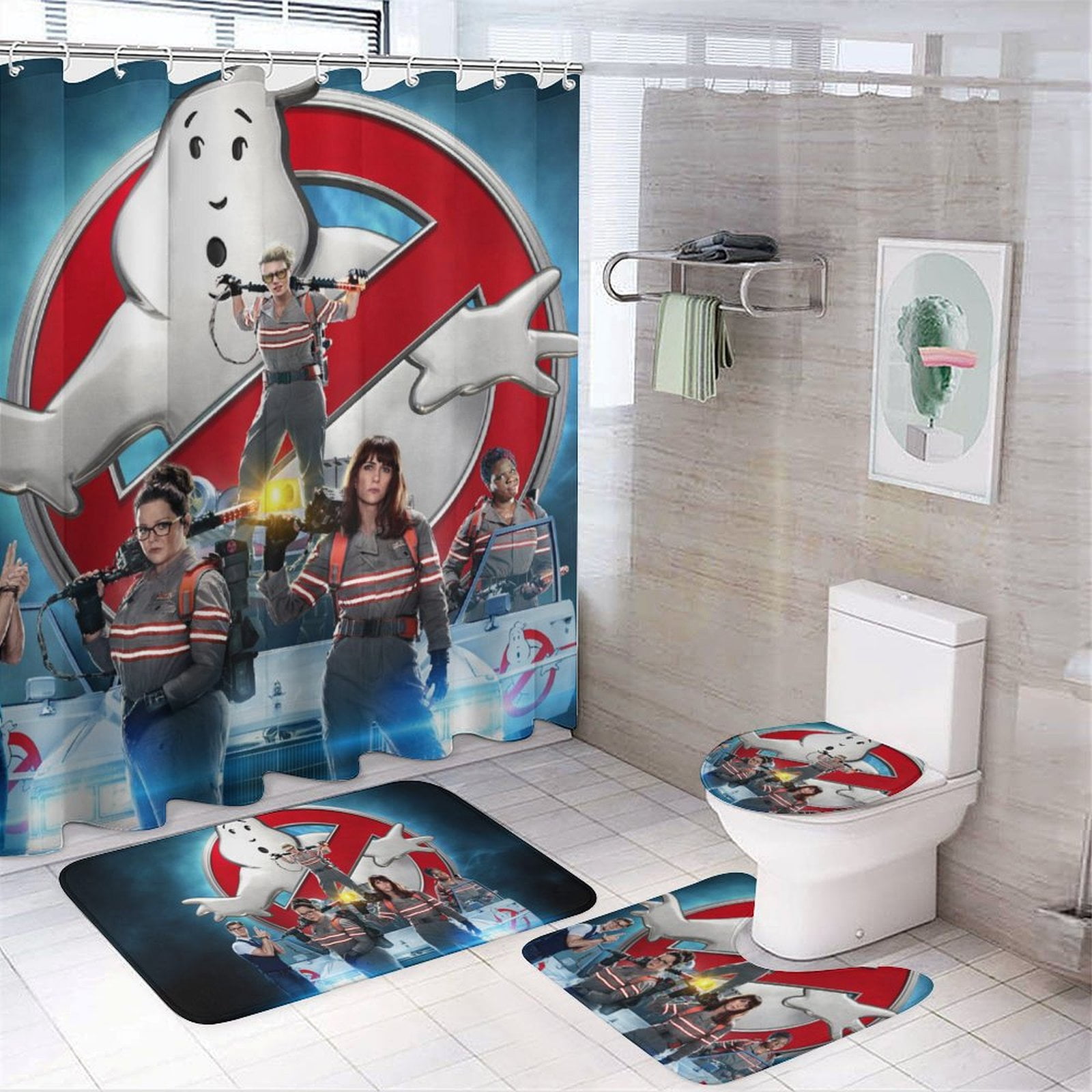 Ghostbusters 4 Pcs Shower Curtain Set with Rugs And Toilet Lid Cover ...