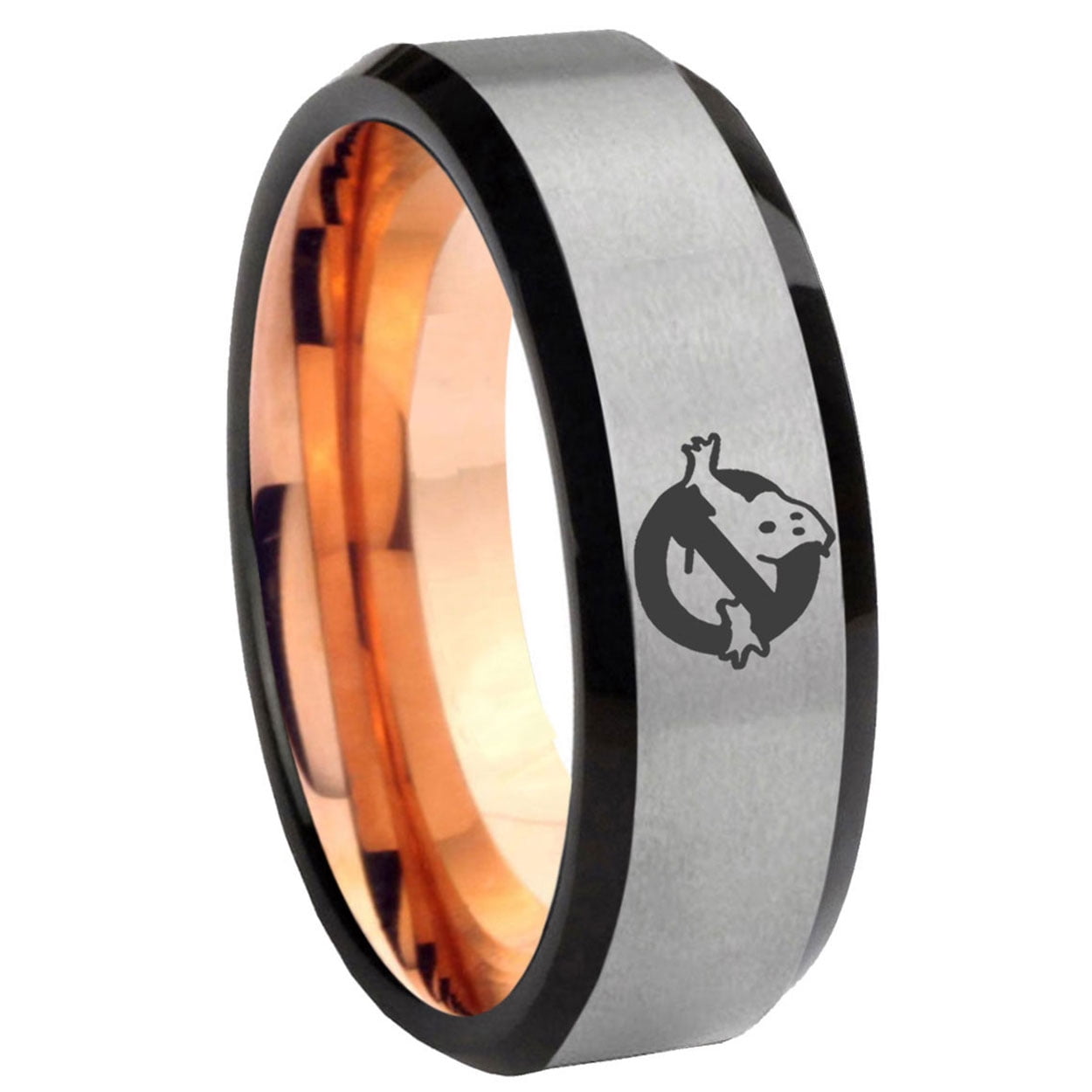 Ghostbusters 8MM Beveled Edge Gray And Rose Gold Tungsten Men's Ring ...