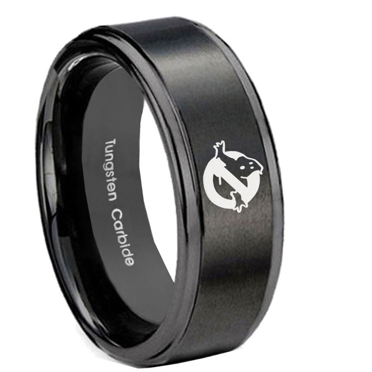 Tungsten Ghostbusters 8mm Black Polished Step Edges Men's Ring ...