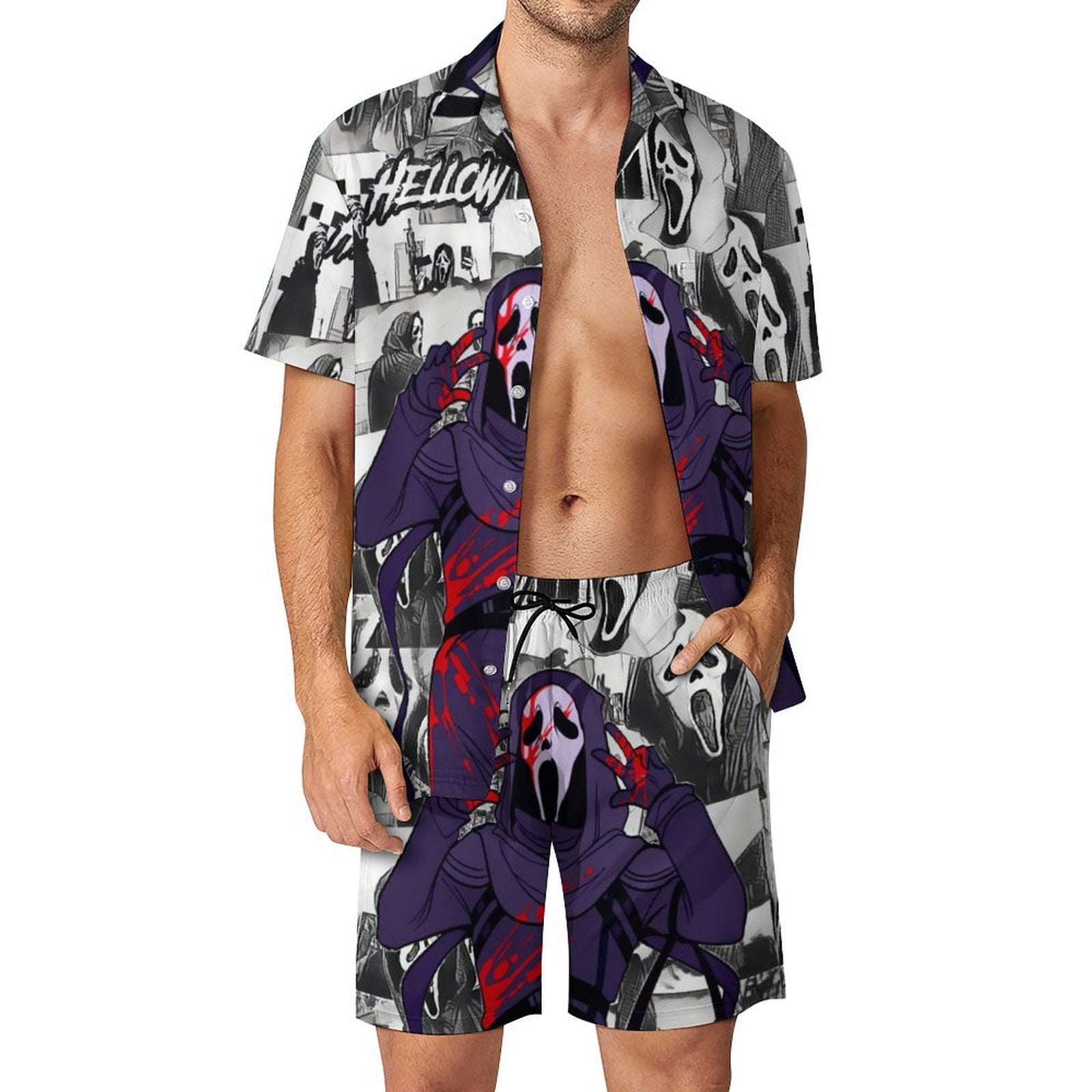 Ghostface Men's Beach Suit 2 Piece Outfits Hawaiian Button Down Shirts ...