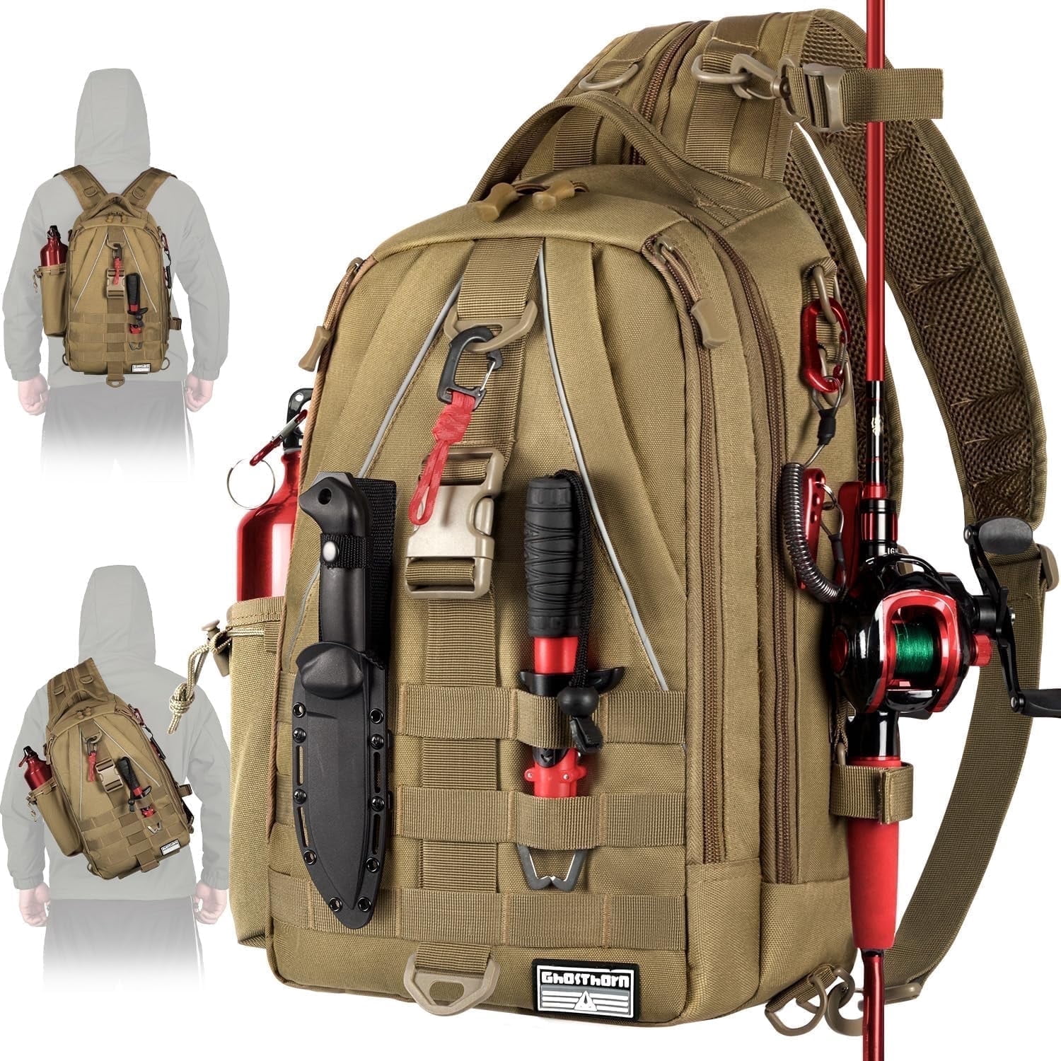 Ghosthorn Fishing Nylon Backpack Tackle Sling Bag with Rod Holder, 16.5 ...