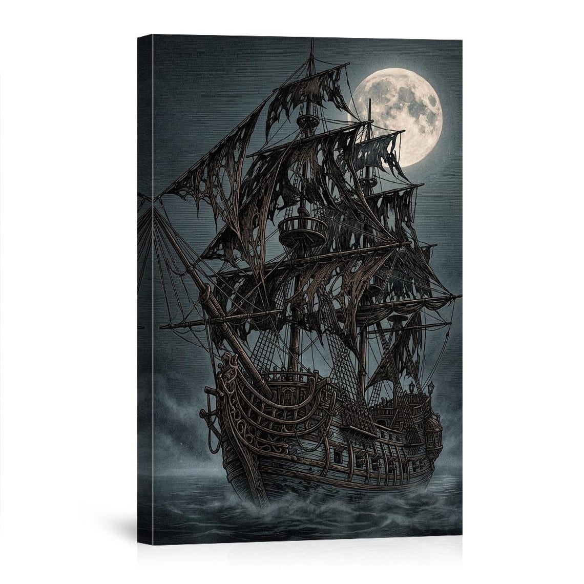 Ghostly Galleon Sailing On Misty Sea Under Full Moon Tattered Sails ...