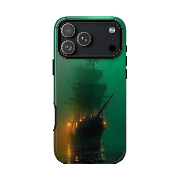 Ghostly Pirate Ship Green Mist Scene Phone Case for iPhone 17 to 11 Pro ...