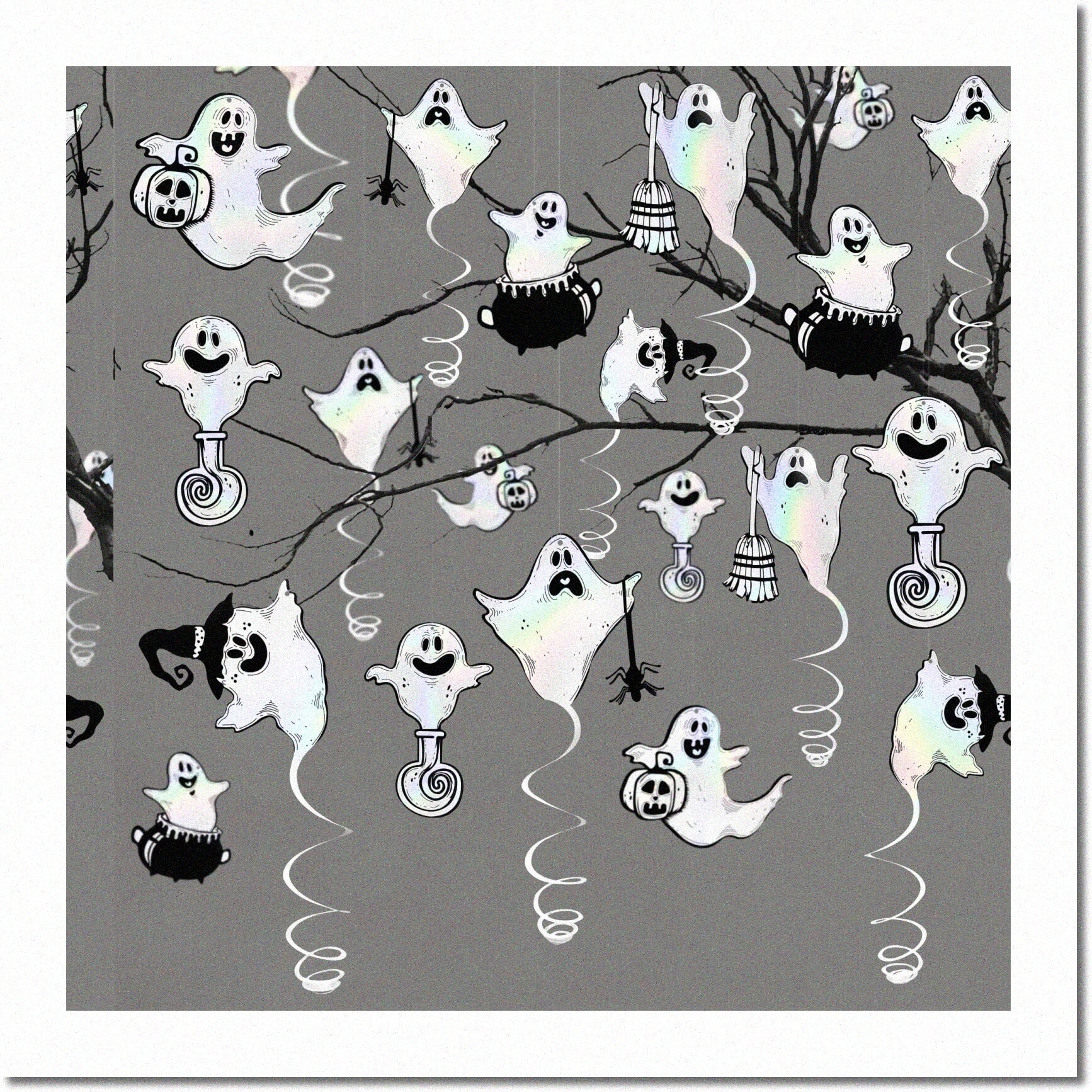 Ghostly Swirls: White Iridescent Party Decorations with Pumpkin, Spider ...