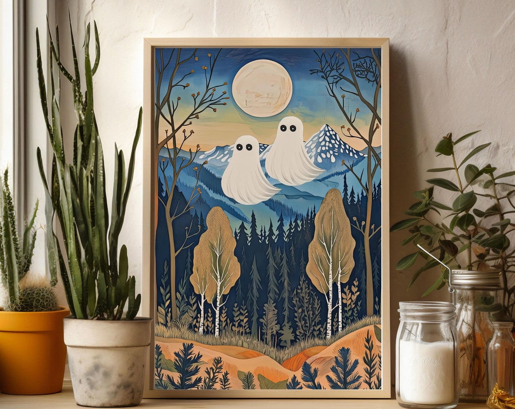 Ghosts Art Print, Halloween Art Print, Halloween Decor, Cute Ghosts In ...