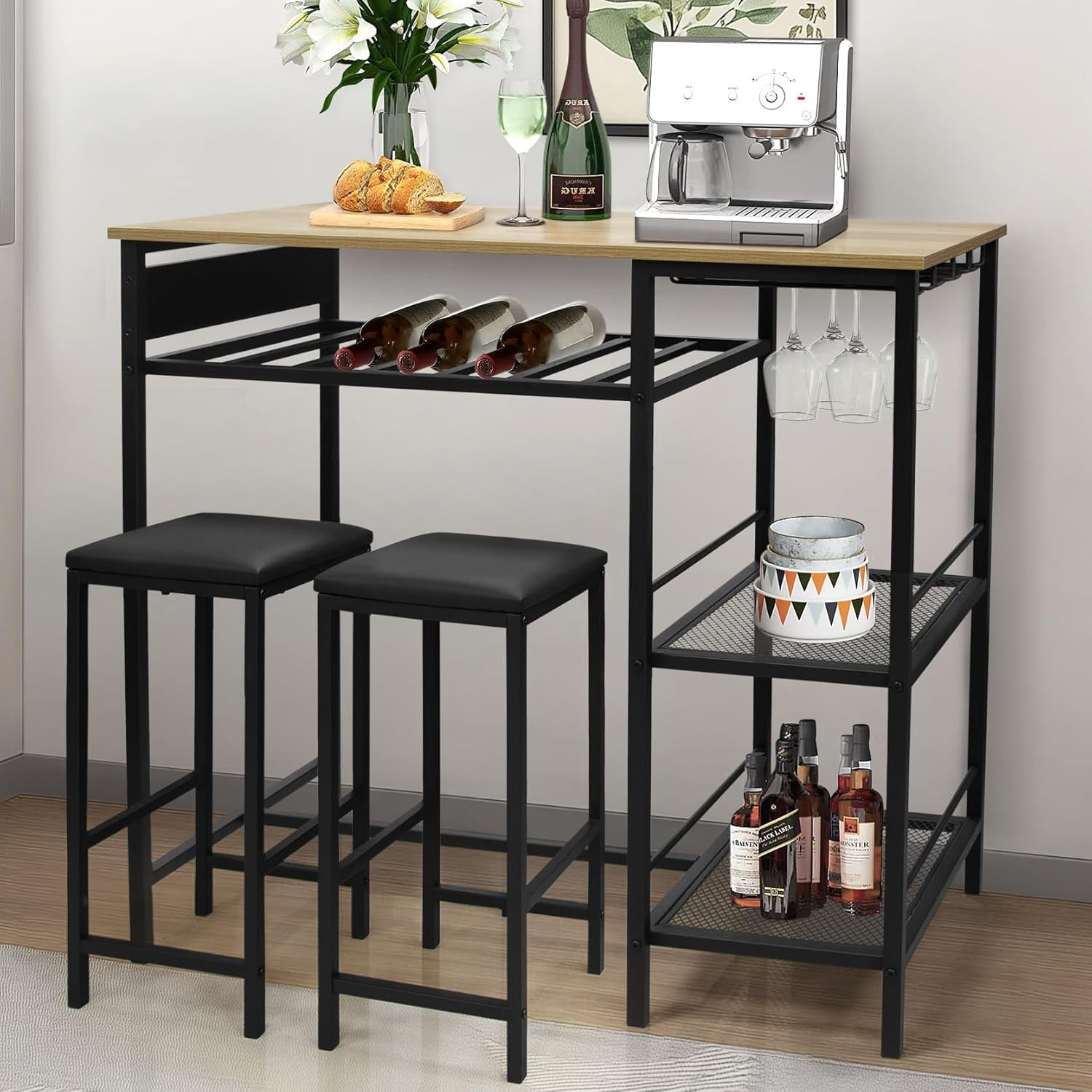 Ghouse Bar Table and Chairs Set of 2 with Storage Rack 4 Rows of Wine ...