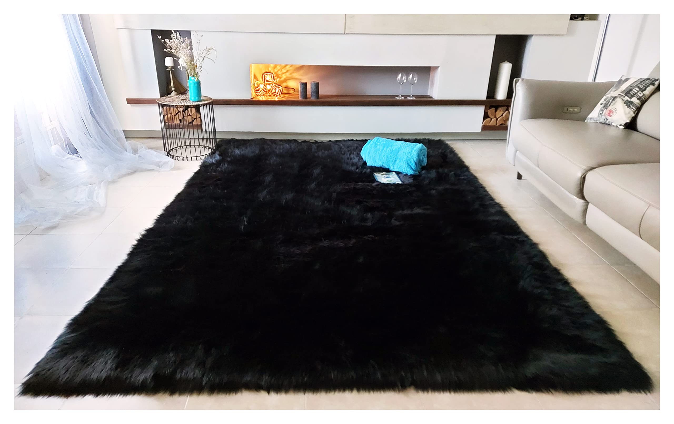 Ghouse Rectangular Black Area Rug 6.7x10 feet, Thick and Fluffy Faux ...