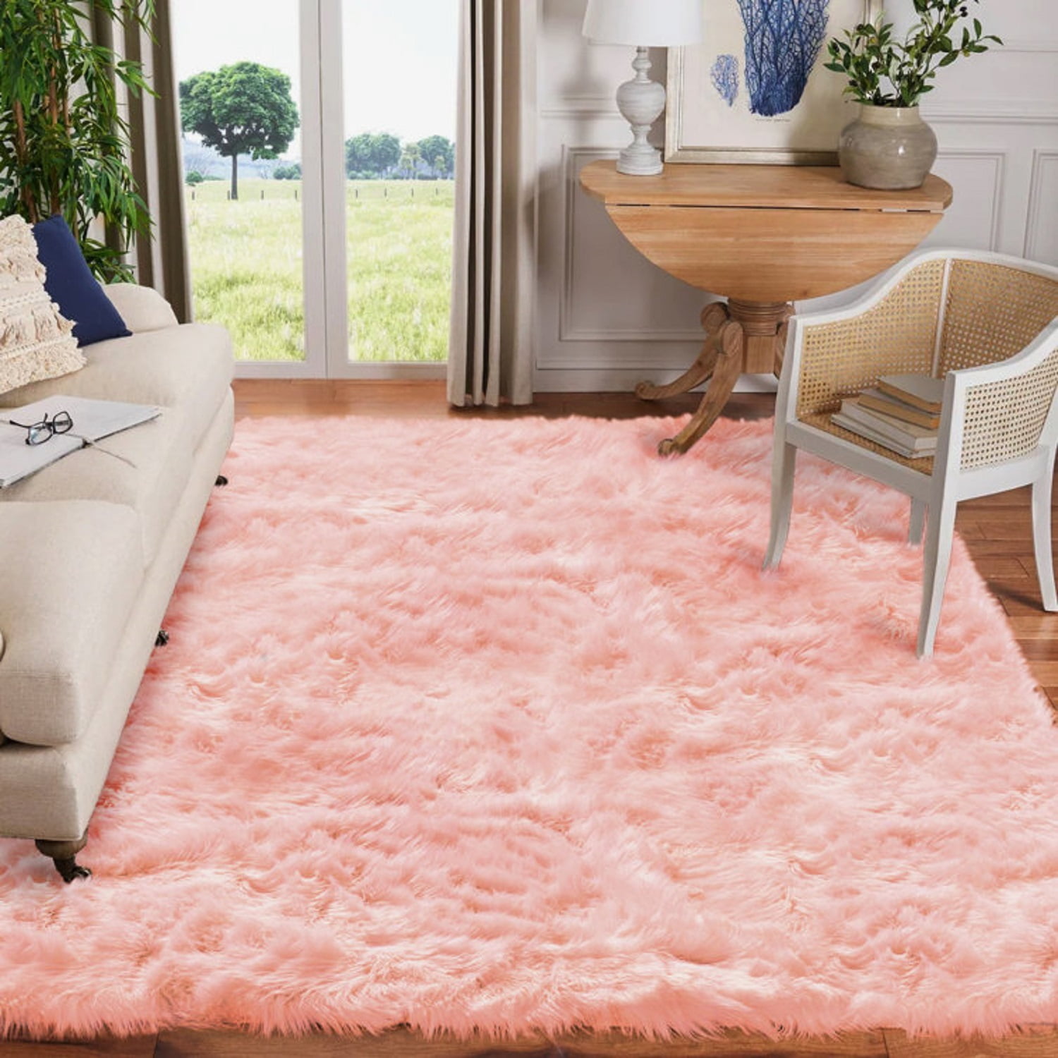 Ghouse Rectangular Pink Area Rug 6.7x10 feet, Thick and Fluffy Faux ...
