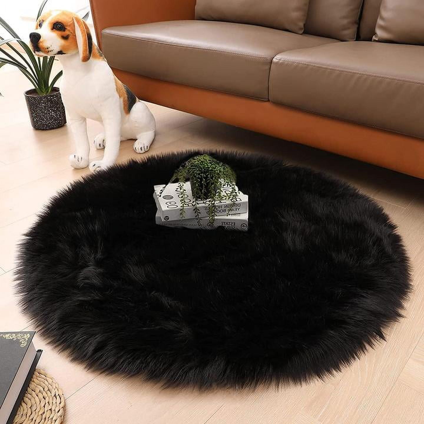 Ghouse Round Black Area Rug 3 feet, Thick and Fluffy Faux Sheepskin ...