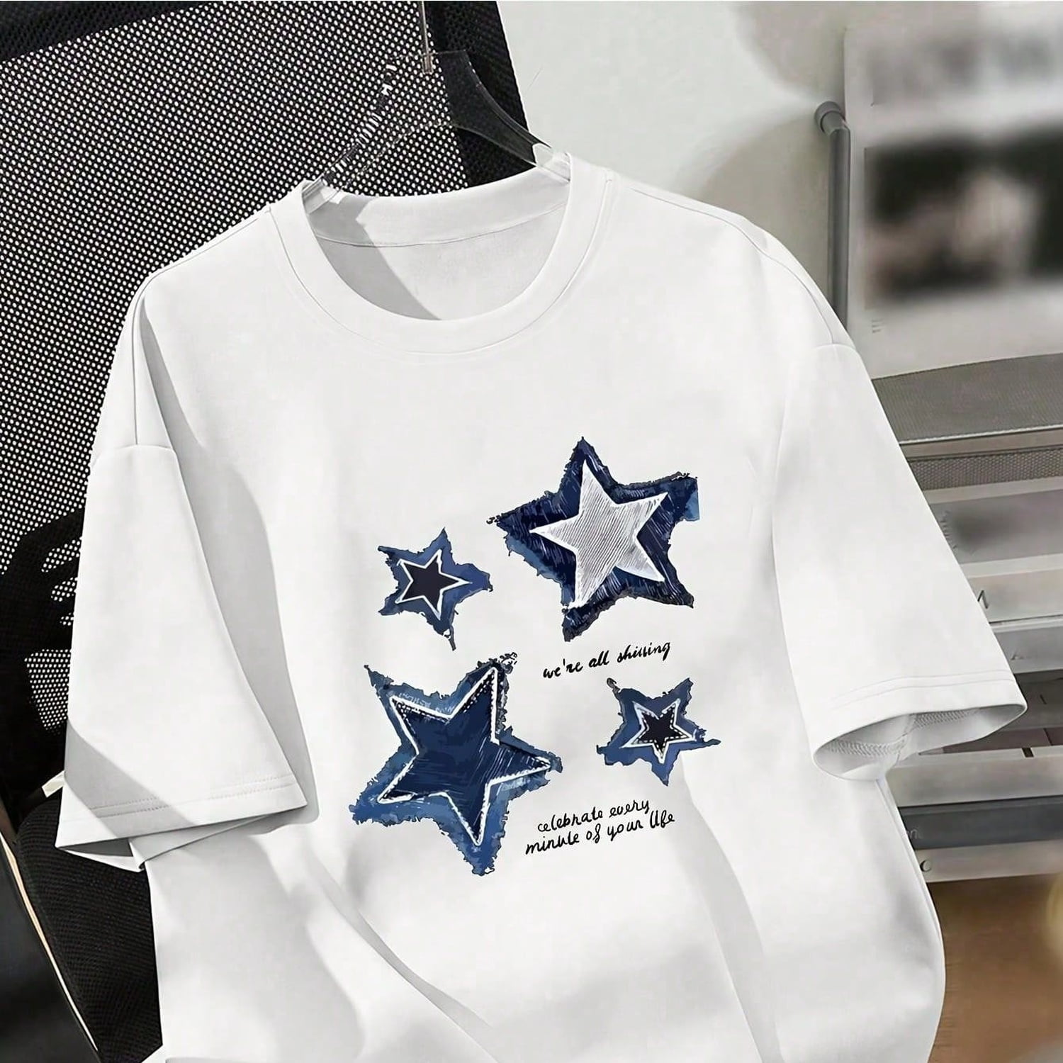 Gi's Drop S1Houlder Letter Star Print Topoose S1Hort Sve Crew Neck T ...
