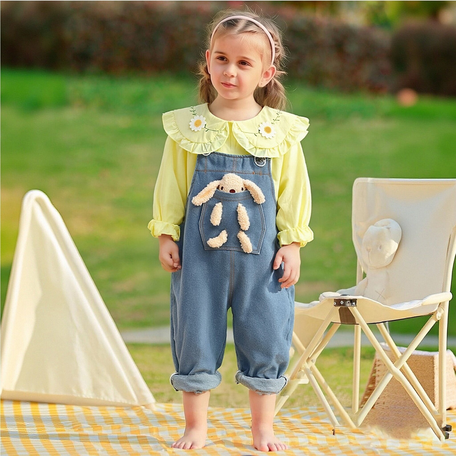 GiLiling Baby Girls Easter Bunny Romper Denim Overalls with Ears Pompom ...