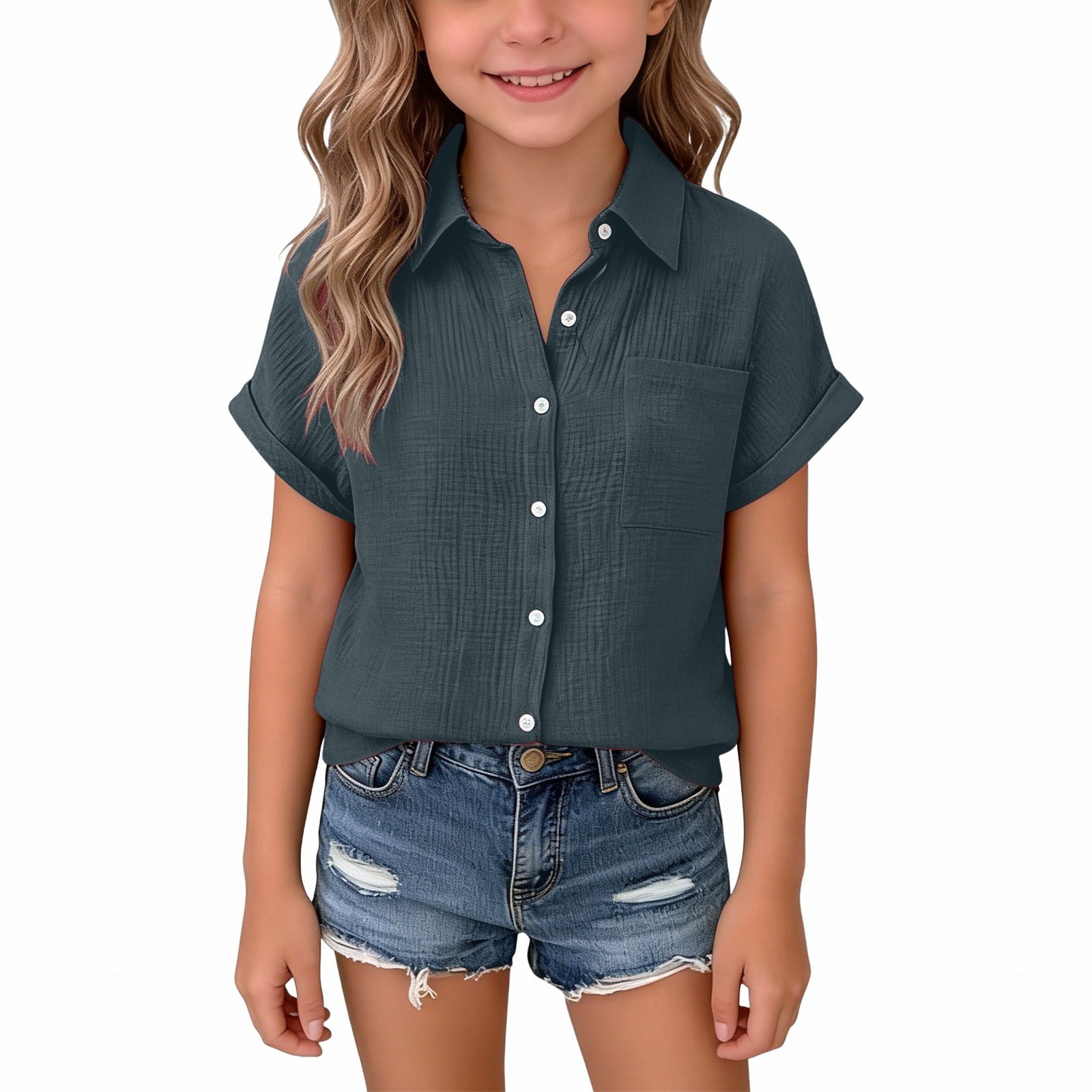 GiLiling Girls Linen Shirt Short Sleeve Button Down Collared Dress ...