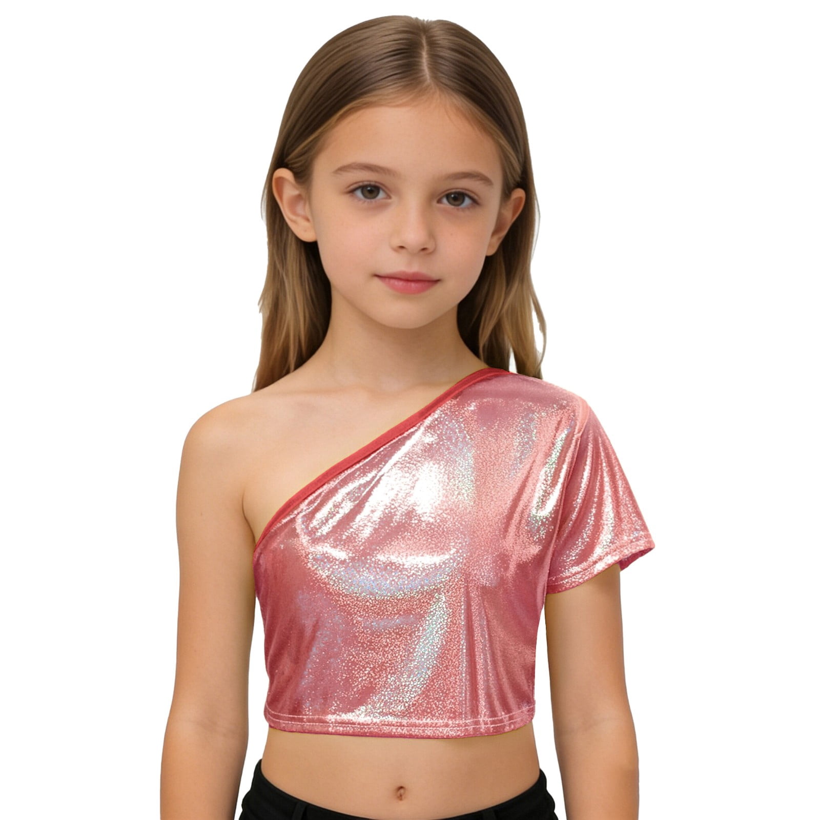 GiLiling Girls One Shoulder Sequin Dance Top Metallic Sparkle Long ...