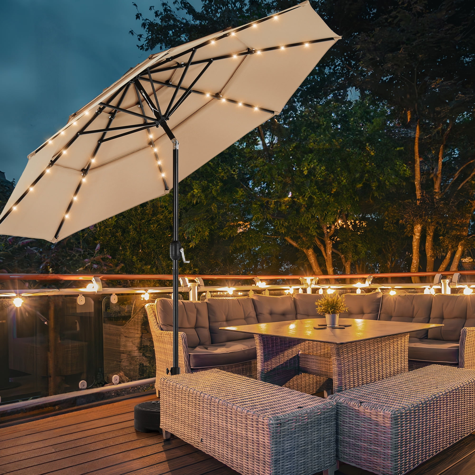 EDX 10ft 3-Tier Solar Patio Umbrella with 32 LED Lights, Outdoor ...