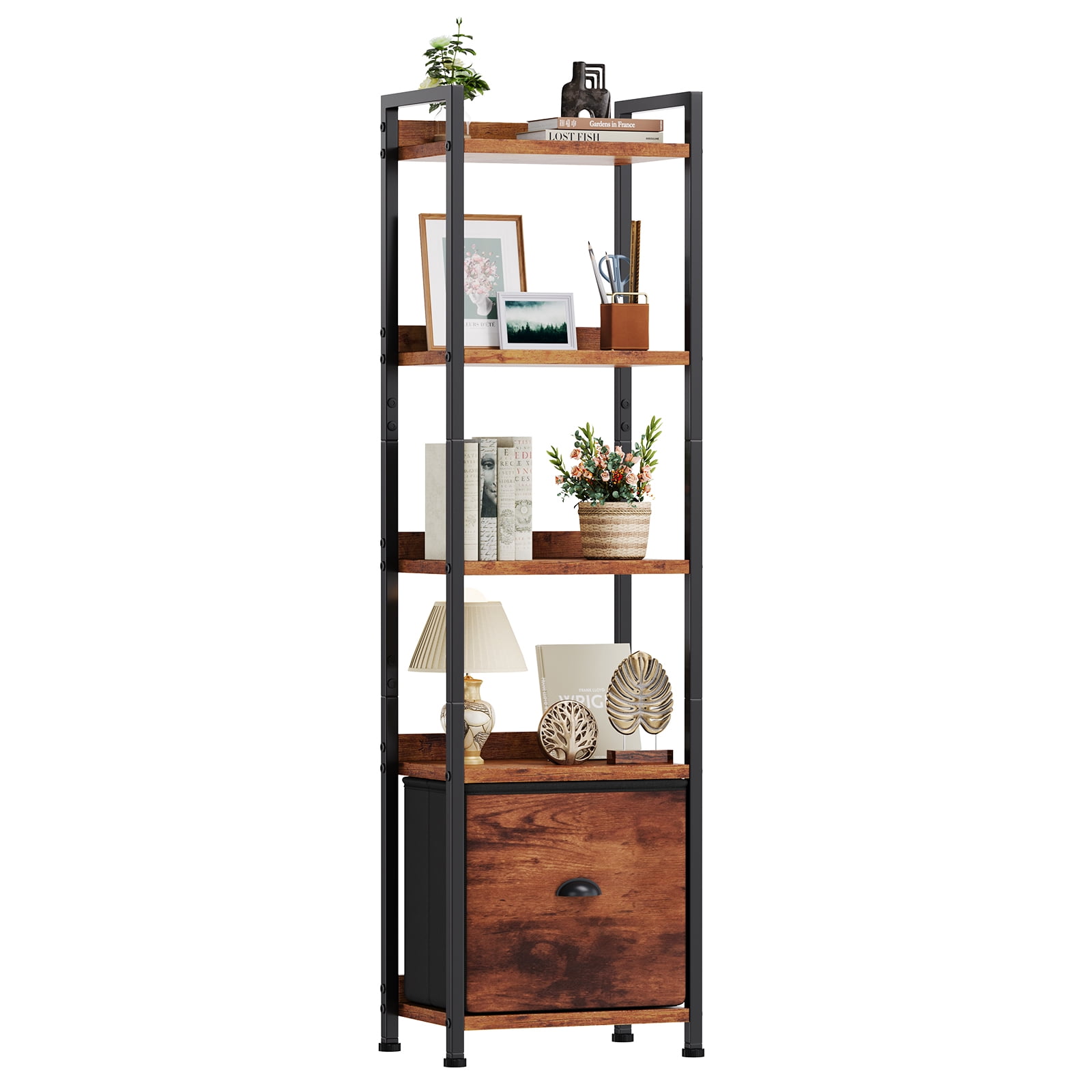 Gianna 5 Tier Bookshelf with Drawer, Tall Narrow Bookcase Storage ...