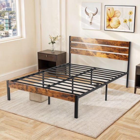 Gianna Full Size Metal Platform Bed Frame with Headboard and and ...