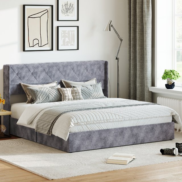 Gianna King Size Lift Up Storage Bed with Hydraulic Support, Wingback ...