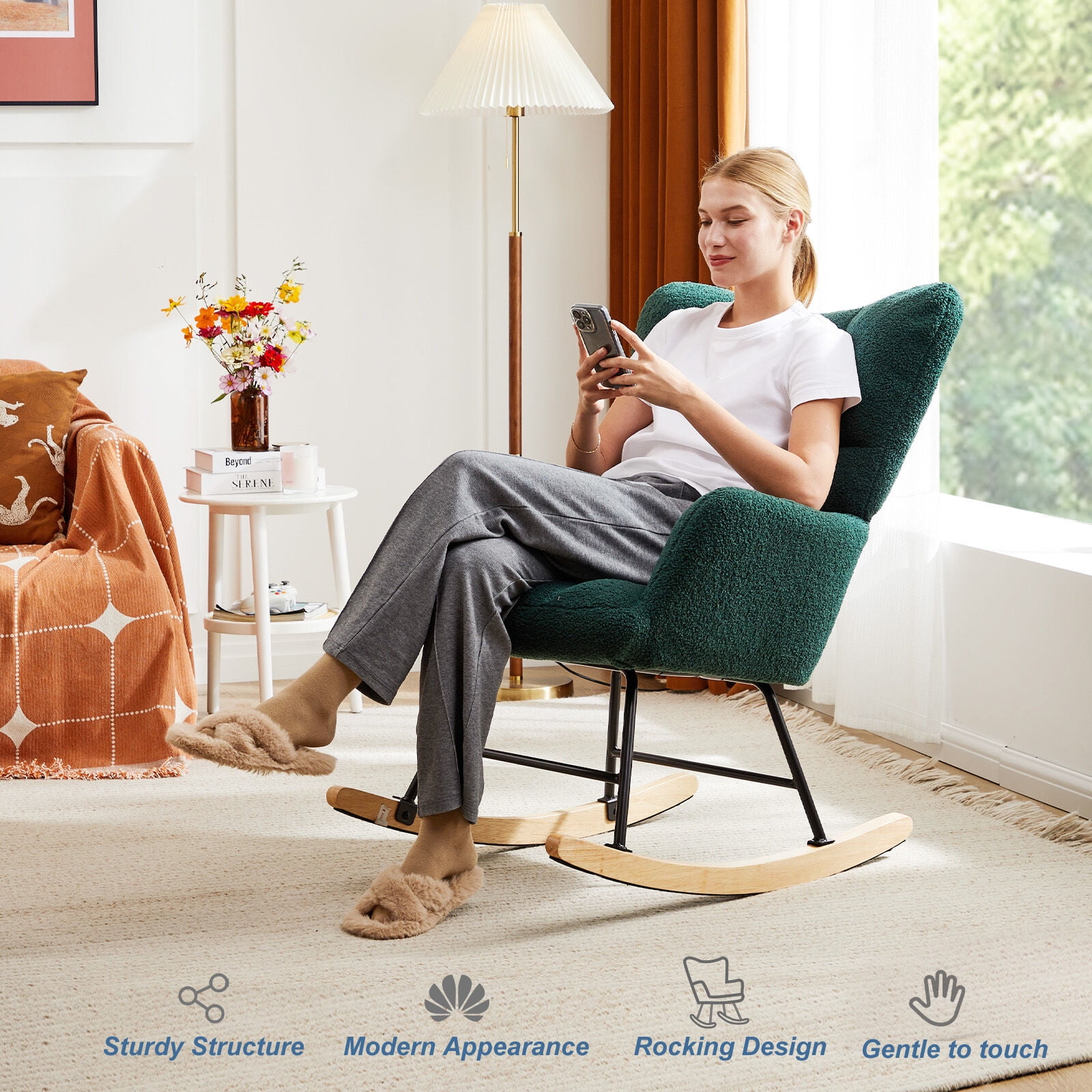 Gianna Rocking Chair Nursery, Teddy Upholstered Glider Rocker with High ...