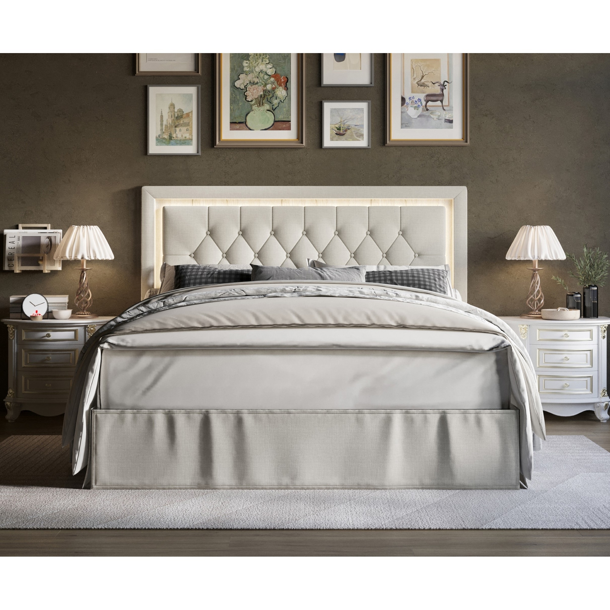 My Texas House Anna Upholstered Diamond Tufted Platform Bed, Full, Oat ...