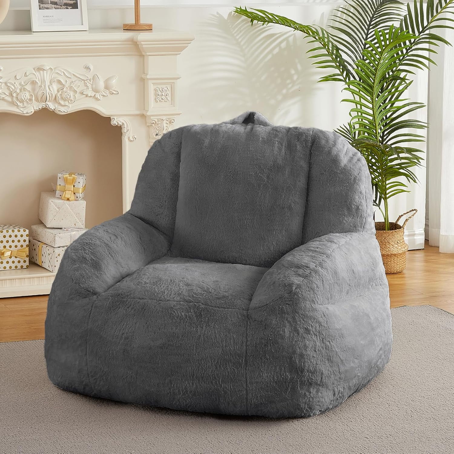 Giant Bean Bag Chair, Home Bedroom Faux Fur Stuffed Bean Bag Couch with ...