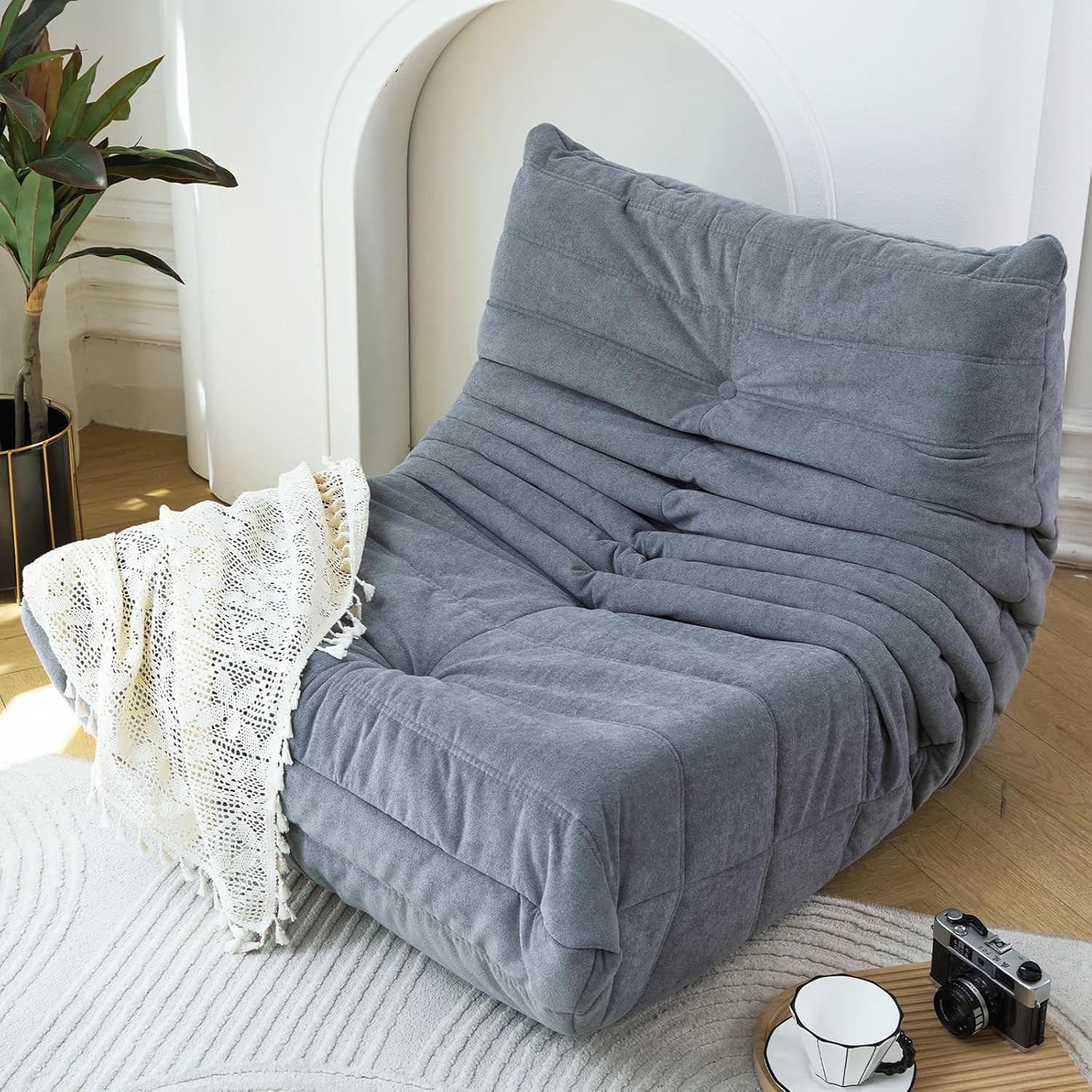 Giant Bean Bag, Velvet Upholstered Beanbag, Floor Chair for Adults, Stuffed Lazy Fireside Sofa ...