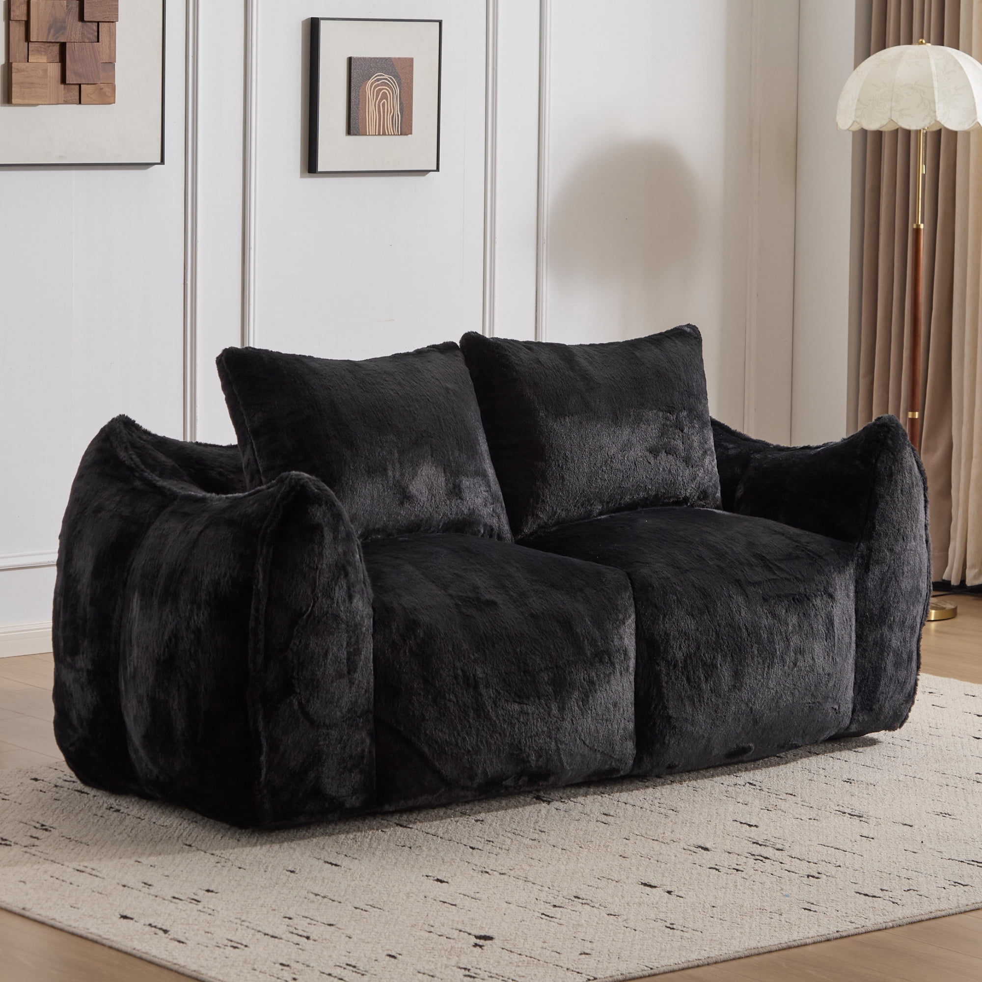 Giant Black Faux Fur Bean Bag Couch for Adults: Oversized 2-Seater ...