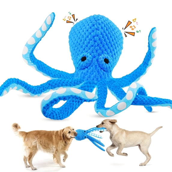 Giant Blue Octopus Squeaky Plush Dog Toy - Durable Stuffed Chew Toy for ...