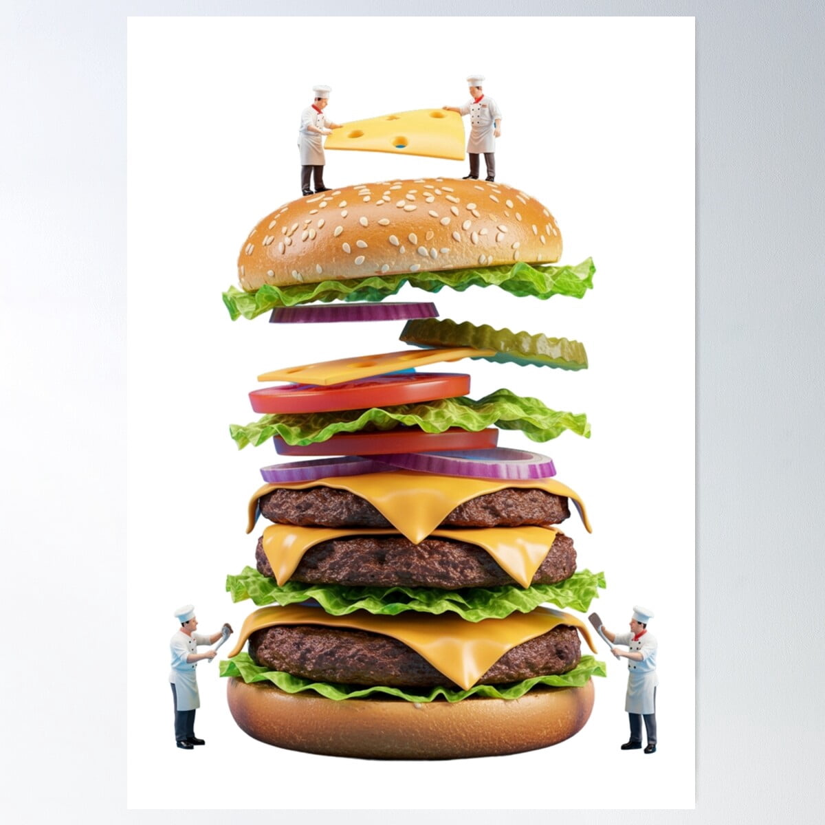 Giant Burger With Tiny Chefs Poster Wall Art, Modern Wall Decor For ...