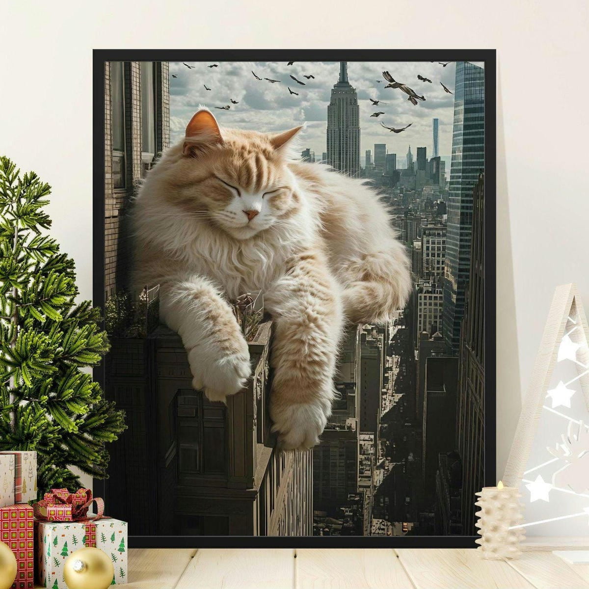 Giant Cat Overlooking City, Surreal Cat Art, Whimsical Cat Decor, Urban ...