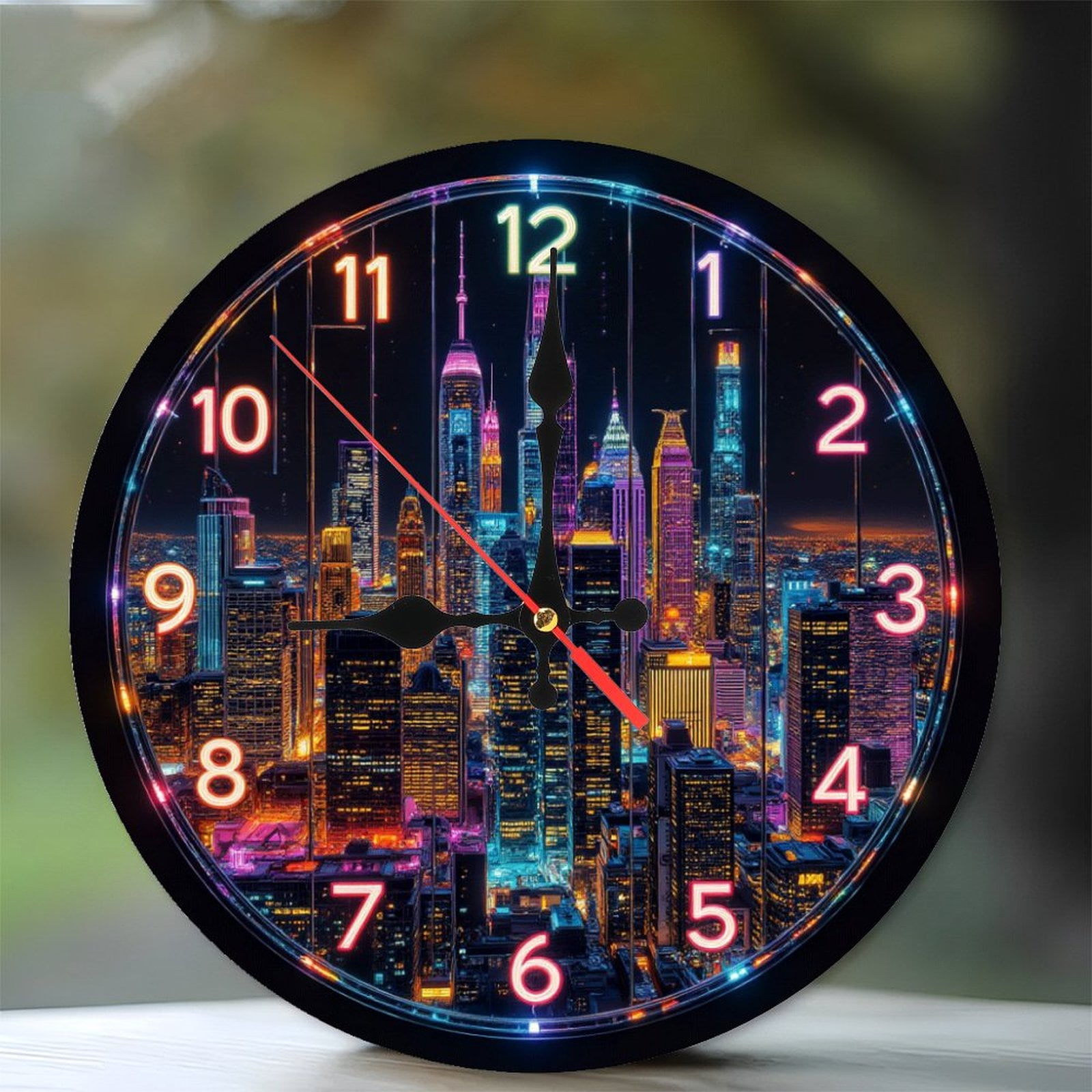 Giant Cityscape Wall Clock with Colorful Led Lights 10-Inch Silent ...