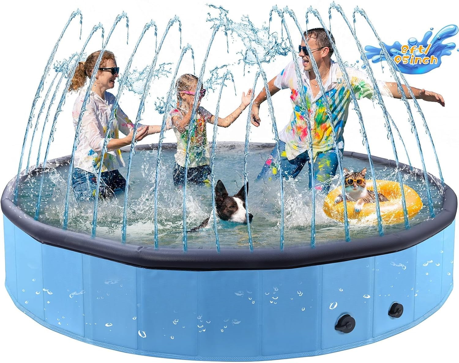 Giant Dog Pool with Sprinkler 95" 2-in-1 Foldable Non-Slip Bathing Tub ...