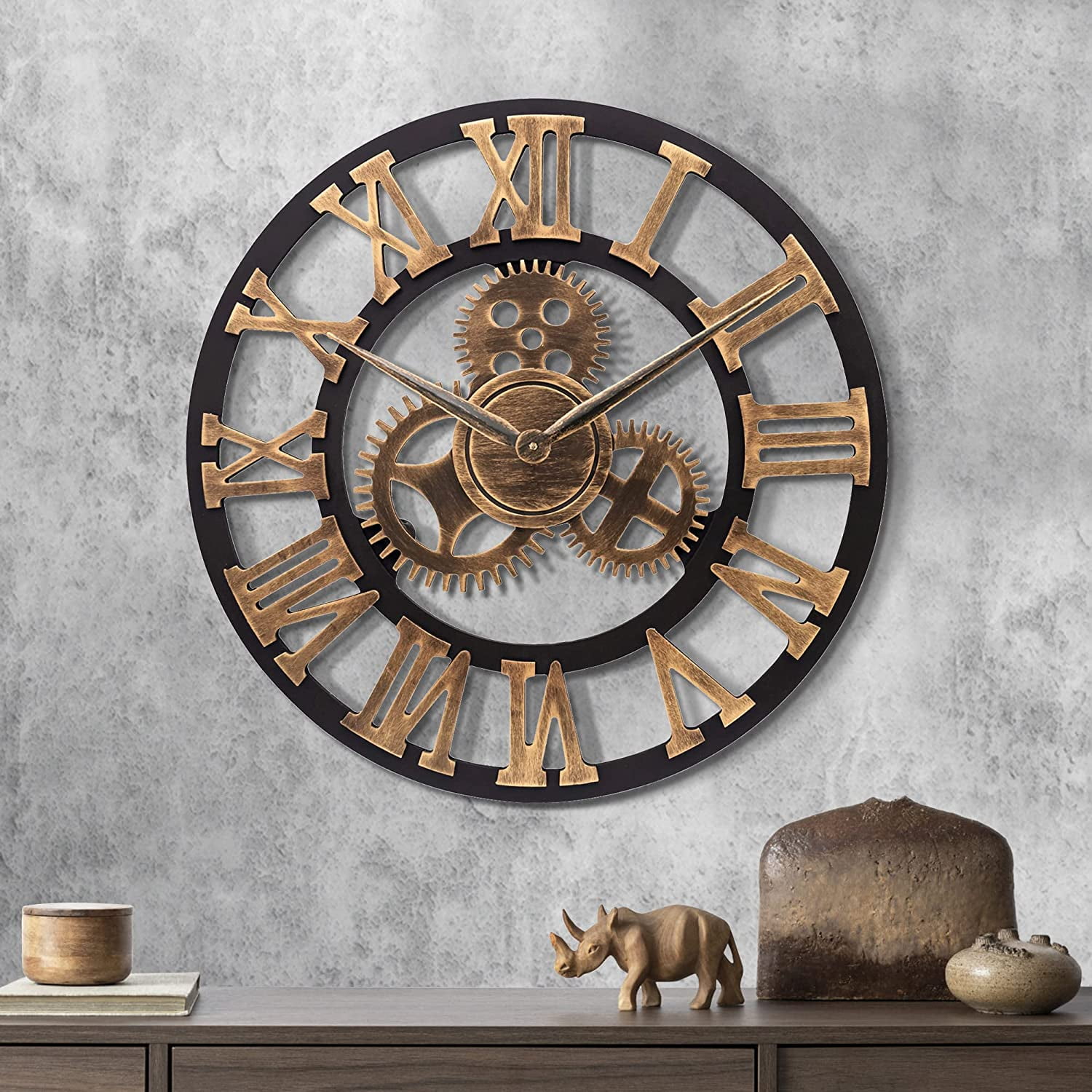 Giant Gold Gear Wall Clock Industrial Wood 58Cm Quartz Wall Clock Roman ...
