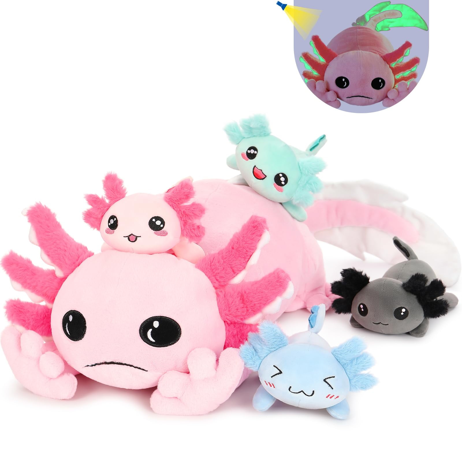 Giant Mommy Axolotl Stuffed Animal With 4 Babies Inside, 31.5" Soft ...