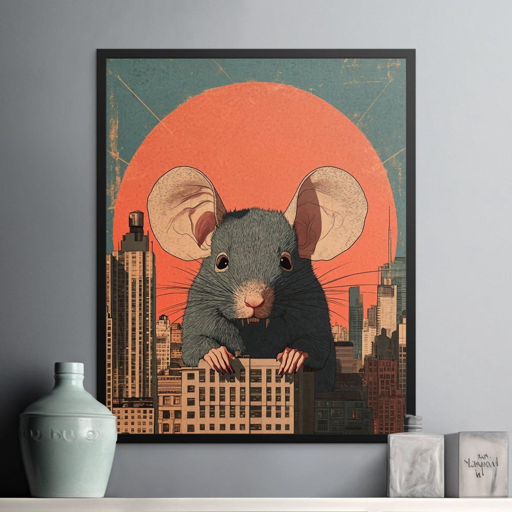 Giant Mouse In City Poster, Urban Rodent Art Print, Whimsical Animal ...